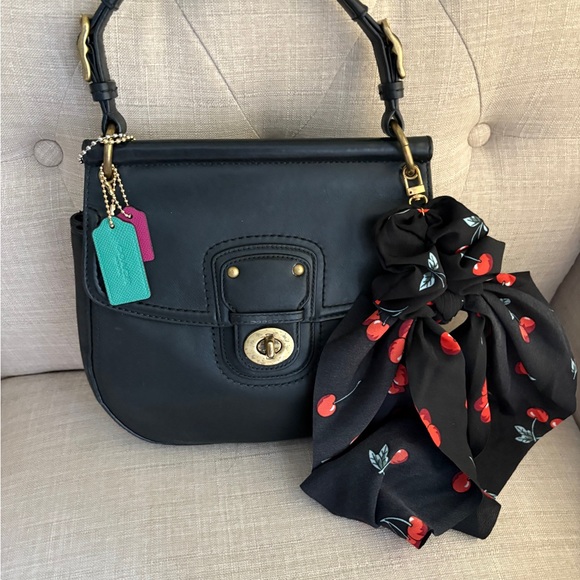 Coach | Bags | Coach Black Leather Shoulder Bag With Cherry Scarf ...
